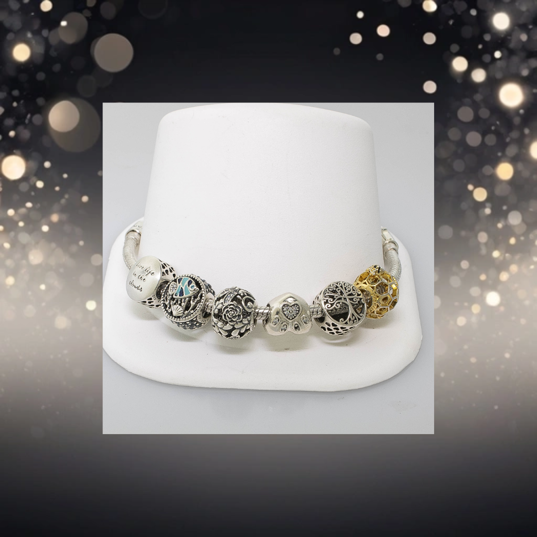 Pre owned Pandora Bolo Bracelet w 6 Charms S925 Ale Silver Gold Accents